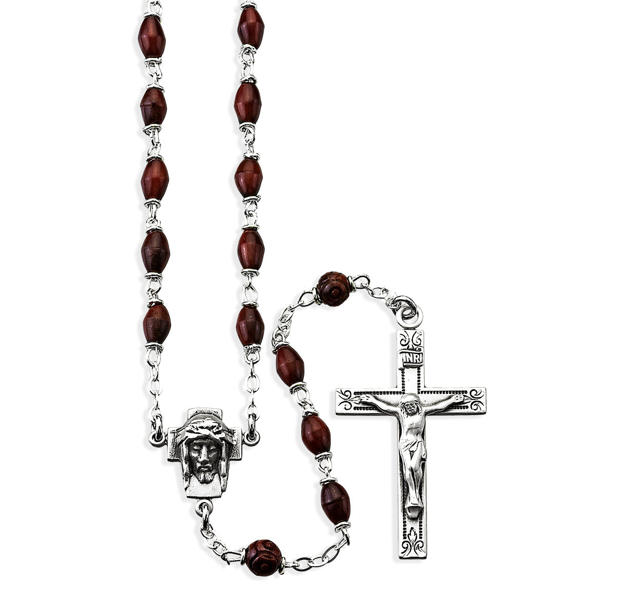 Maroon Oval Cocoa Bead Confirmation Rosary Sterling Crucifix and Cente ...