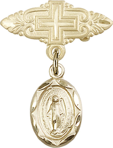 14kt Gold Baby Badge with Miraculous Charm and Badge Pin with Cross ...