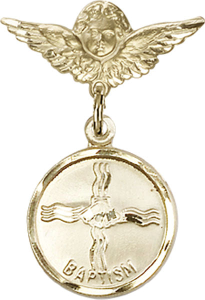 14kt Gold Filled Baby Badge with Baptism Charm and Angel / Wings Pin ...