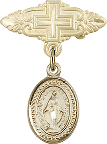 14kt Gold Baby Badge with Miraculous Charm and Badge Pin with Cross ...