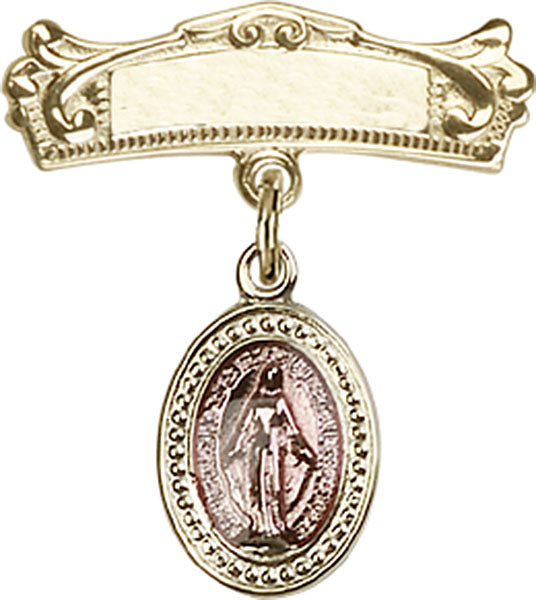 14kt Gold Baby Badge with Pink Miraculous Charm and Arched Polished Ba ...