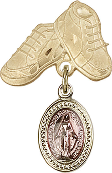 14kt Gold Baby Badge with Pink Miraculous Charm and Baby Boots Pin ...