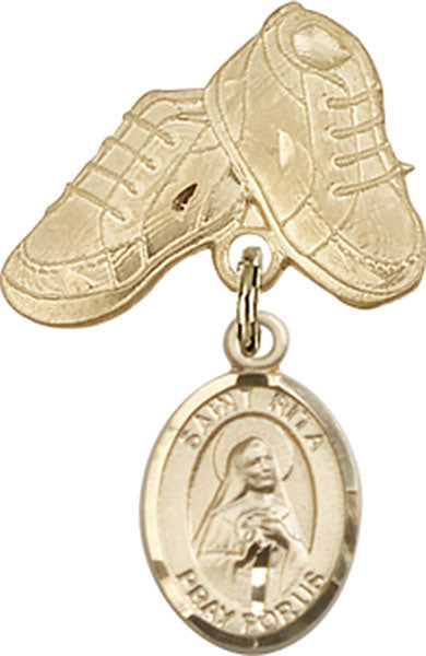 14kt Gold Baby Badge with St. Rita / Baseball Charm and Baby Boots Pin ...