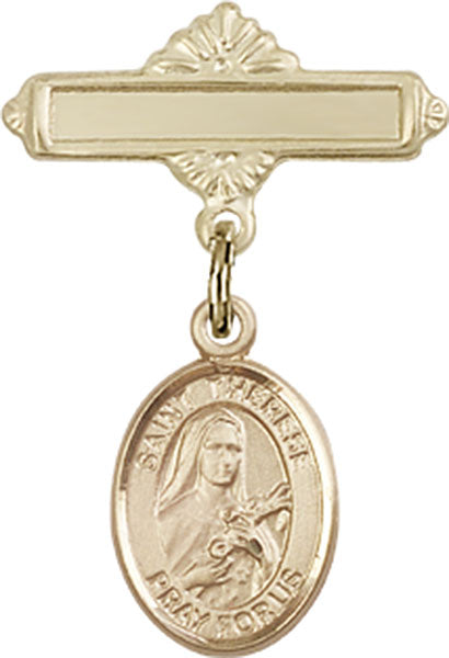 14kt Gold Baby Badge with St. Therese of Lisieux Charm and Polished Ba ...