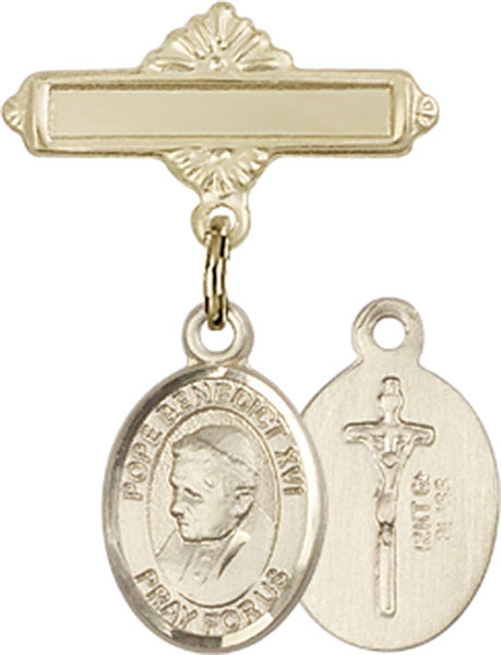14kt Gold Baby Badge with Pope Benedict XVI Charm and Polished Badge P ...