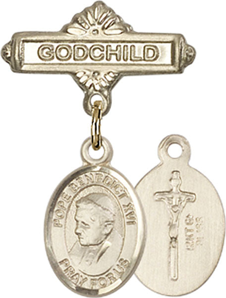14kt Gold Baby Badge with Pope Benedict XVI Charm and Godchild Badge P ...