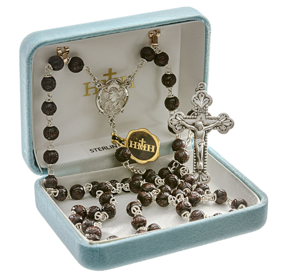 Maroon Carved boxwood Bead Rosary Sterling Crucifix and Centerpiece ...