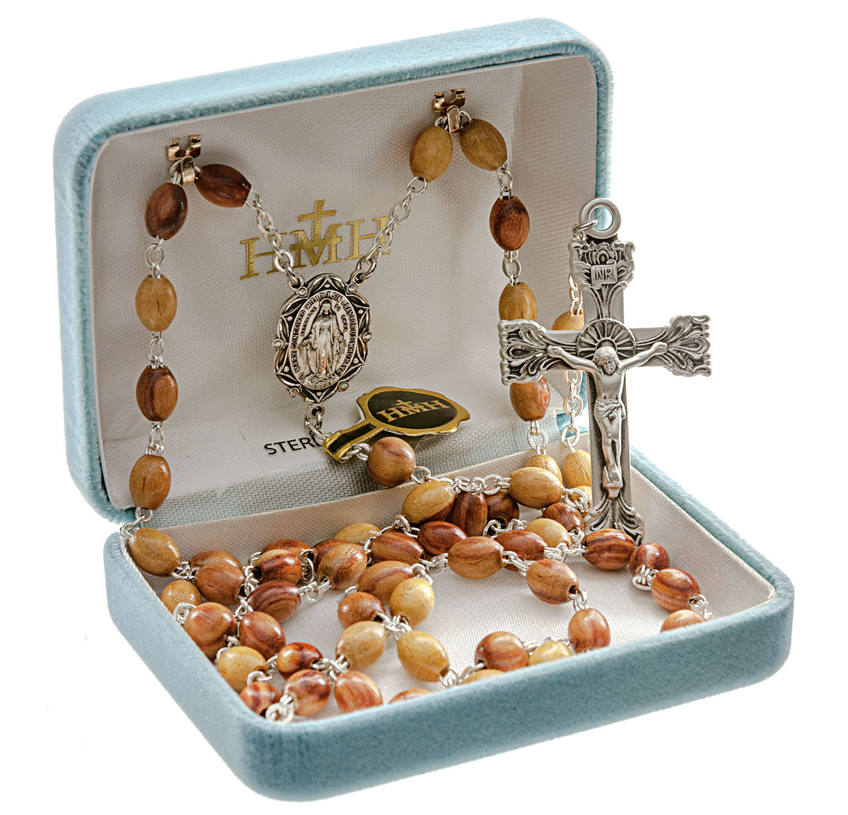 Genuine Rose Wood Oval Bead Rosary Sterling Crucifix and Centerpiece ...